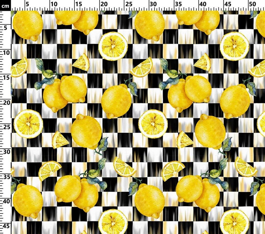 Black and White Check Fabric, Citrus Lemon Print on Oil Paint ...