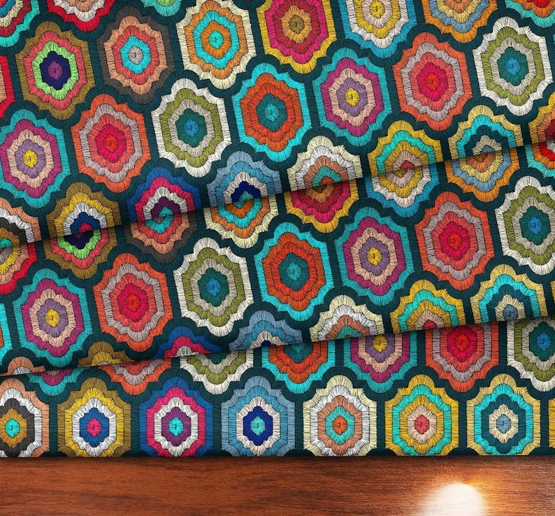 Bohemian Moroccan Fabric, Colorful Embroidery Look Print Fabric by the ...