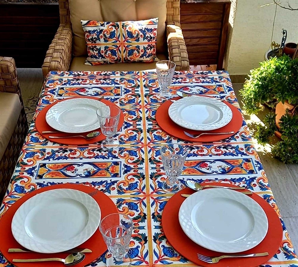 Sicilian Tile Majolica Pattern Fabric, Orange Blue Crepe, Upholstery ...