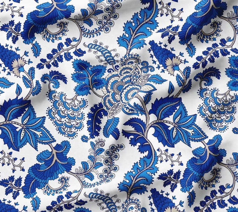 Blue Floral Tapestry Fabric, Vintage Style, Upholstery Fabric by the ...