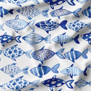 Coastal Fish Upholstery Fabric, Blue Nautical Ocean Print Canvas by the ...