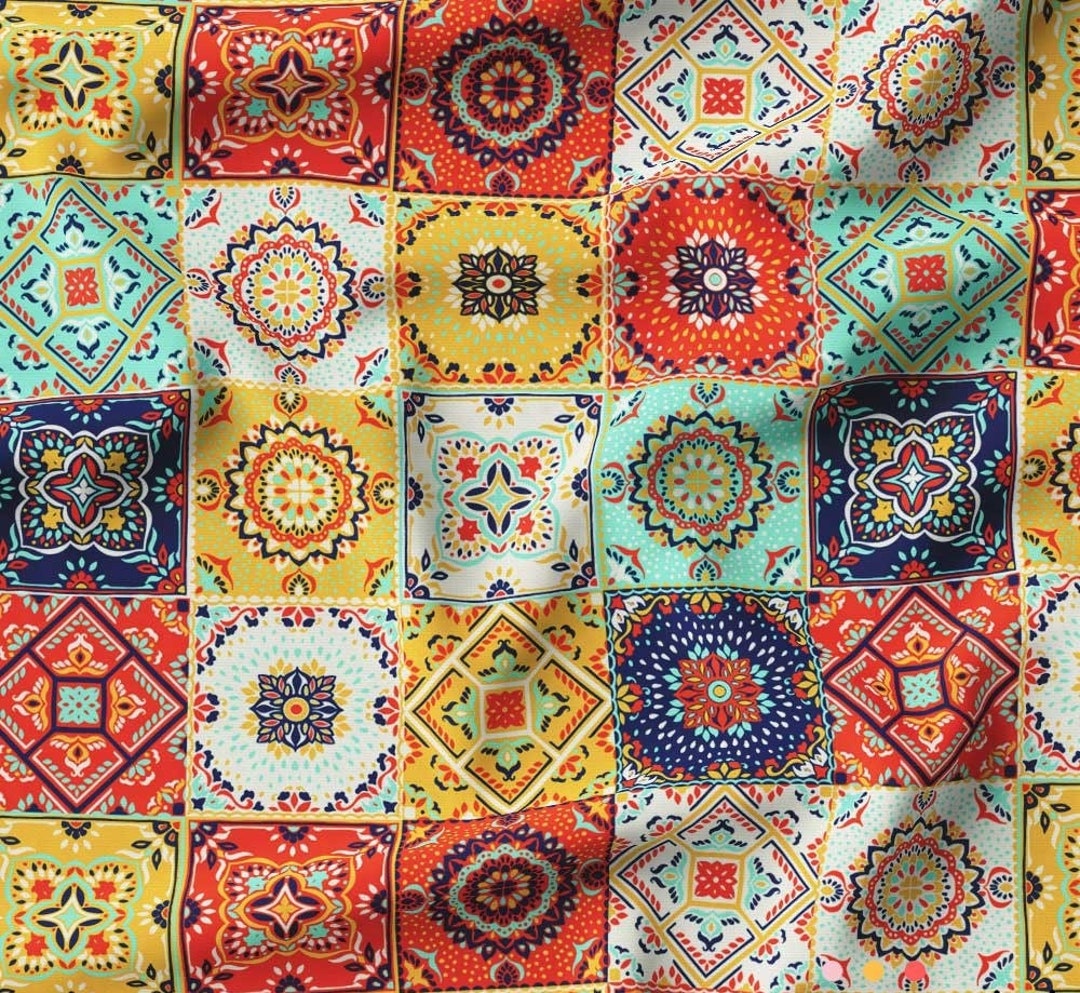 Majolica Mosaic Design Fabric, Vintage Sicilian Tile Fabric by the Yard ...