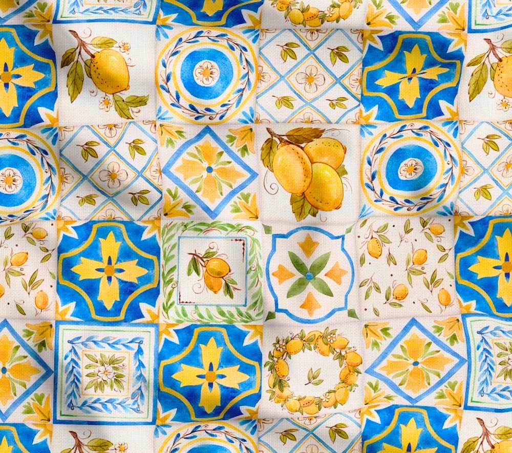Lemon Fruit Print Fabric, Majolica Ceramic Tiles Lemon Upholstery ...
