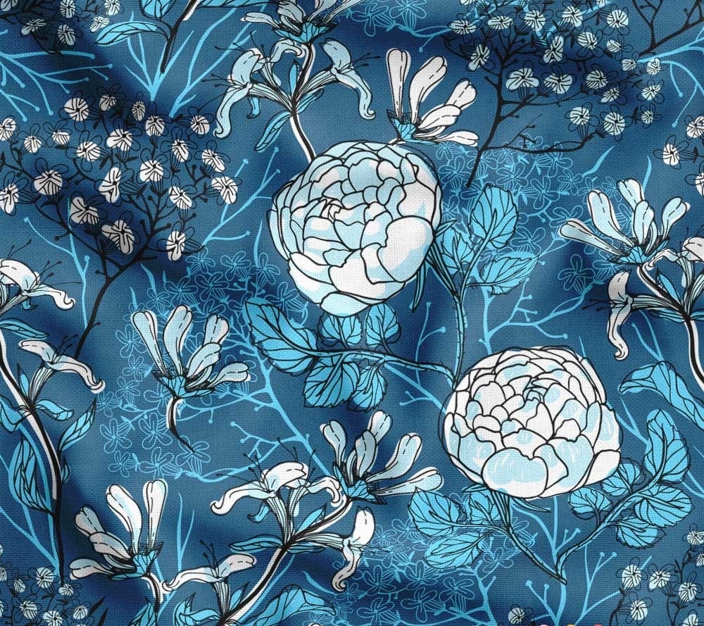 Teal Upholstery Fabric, Floral Fabric by the Yard, Art Nouveau Blue ...