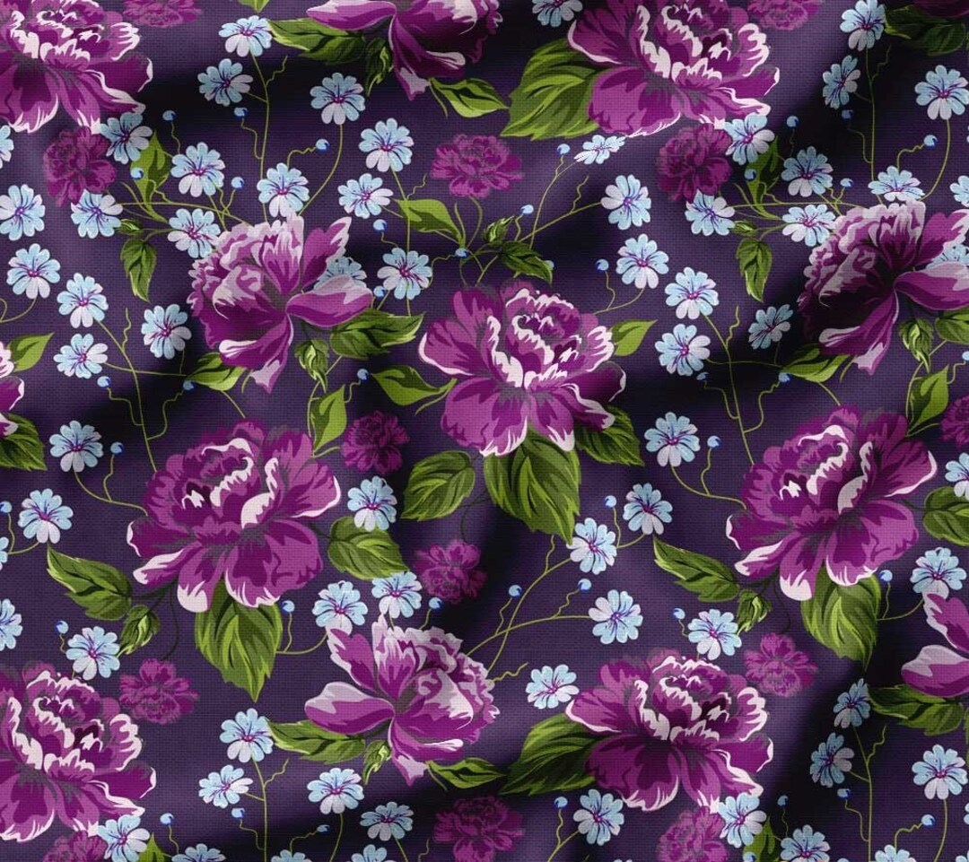 Boho Floral Fabric, Purple Roses Wildflower Upholstery Fabric by the ...