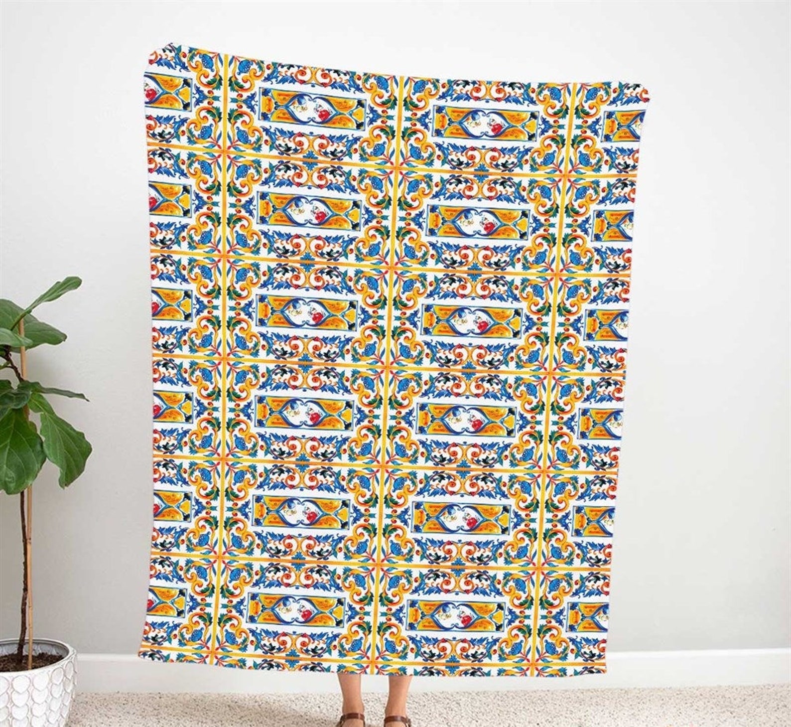 Majolica Pattern Fabric, Sicilian Tile Pattern Fabric by the Yard ...