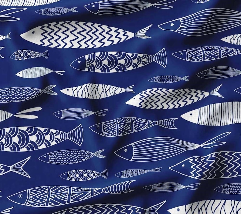 Fish Fabric, Blue Fishes Print Fabric by the Yard, Teal Fabric, Fabric ...