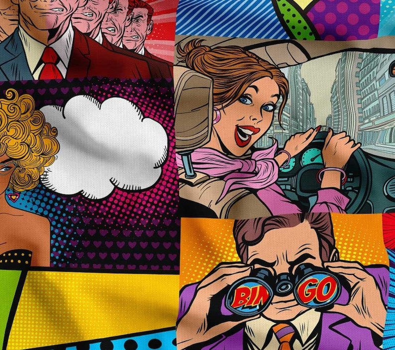 Comic Book Print Fabric, Pop Art, Woman Man Print Upholstery Fabric by ...
