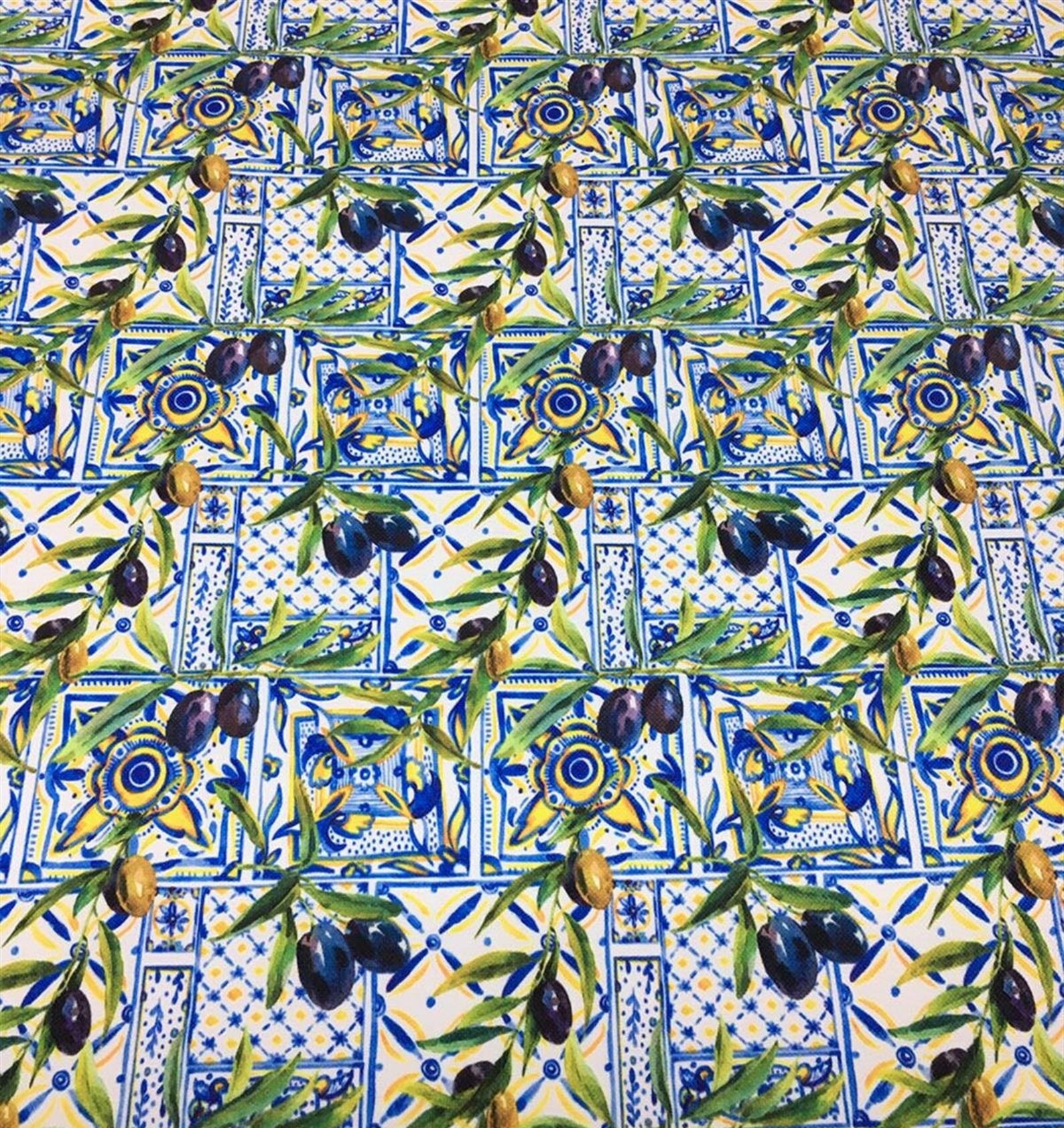 Olive on Italian Ceramic Tile Pattern Fabric, Majolica Mediterranean ...