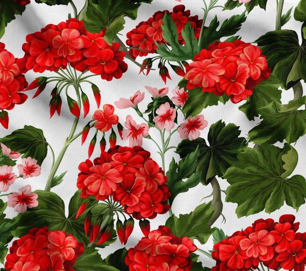 Boho Red Floral Fabric by the Yard, Geranium Flowers Upholstery Fabric ...