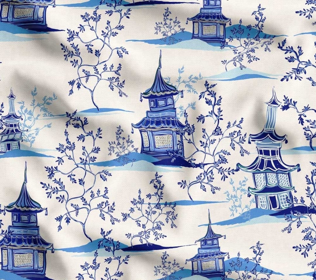 Japanese Fabric, Indigo Blue Pagoda Garden Pattern Upholstery Fabric by ...