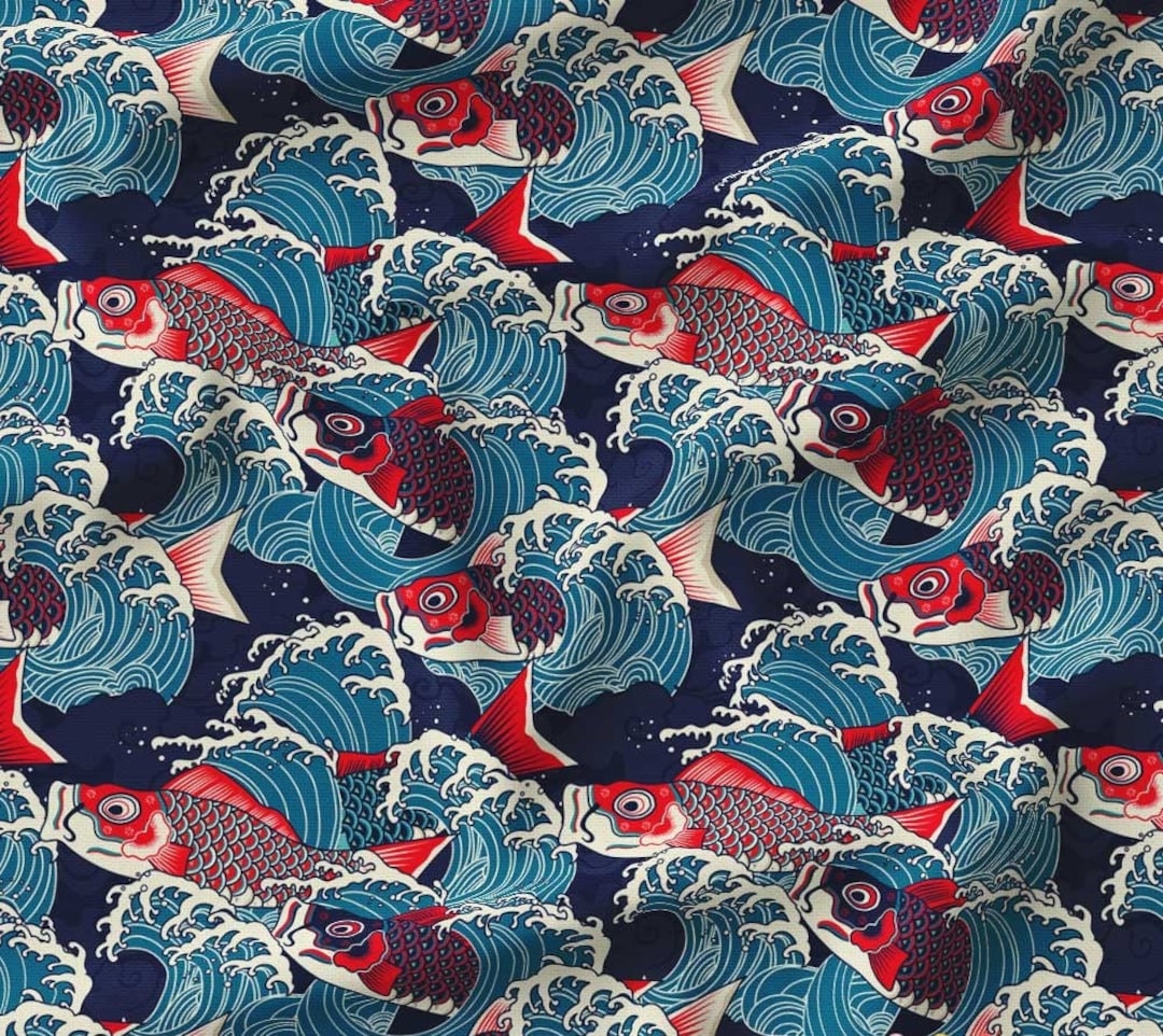 Koi Fish Fabric, Waves and Fish Print Japanese Fabric by the Yard, Blue ...