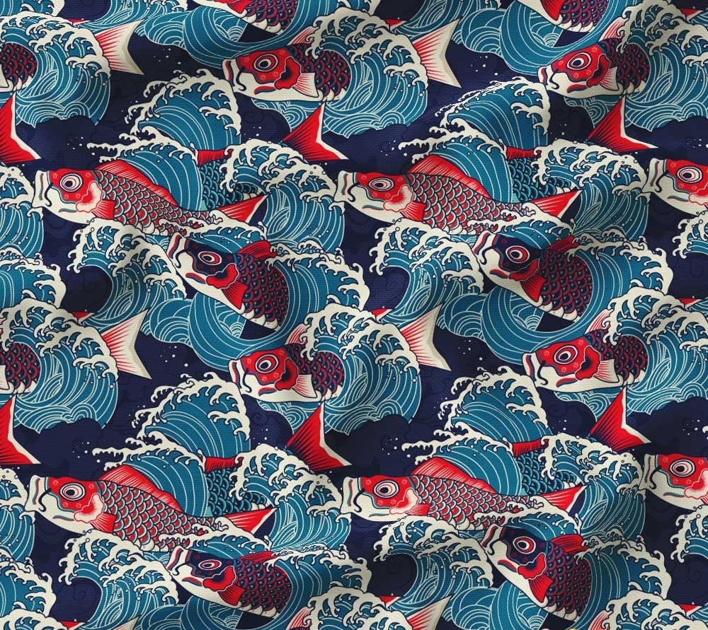 Koi Fish Fabric, Waves and Fish Print Japanese Fabric by the Yard, Blue ...
