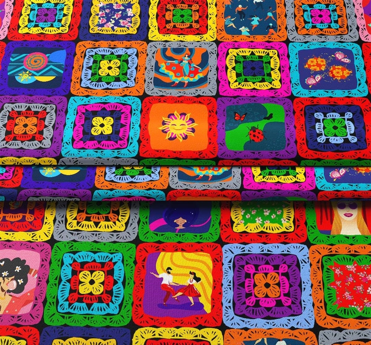 Colorful Patchwork Fabric, Granny Square Crochet Knitting Pattern Print Upholstery Fabric by the ...