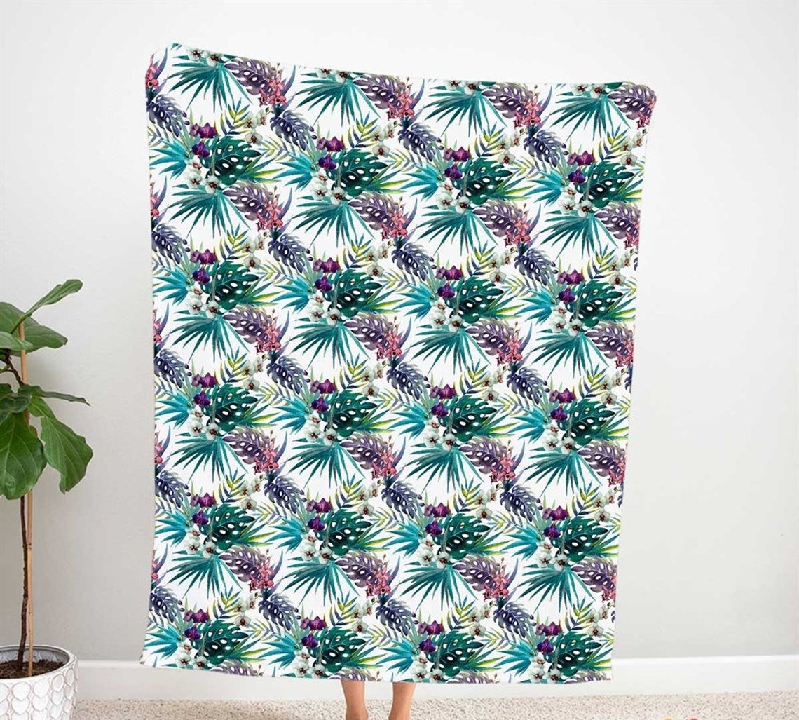 Tropical Upholstery Fabric, Turquoise Purple Leaves Flowers Fabric ...