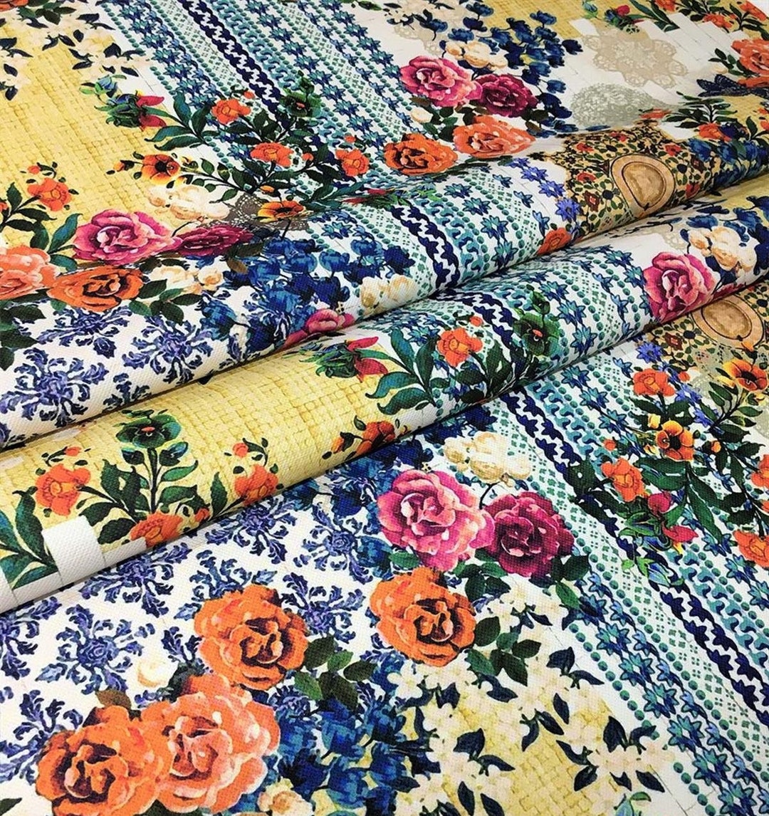 Vintage İtalian Tile and Flowers Pattern Fabric, Shabby Chic Boho ...