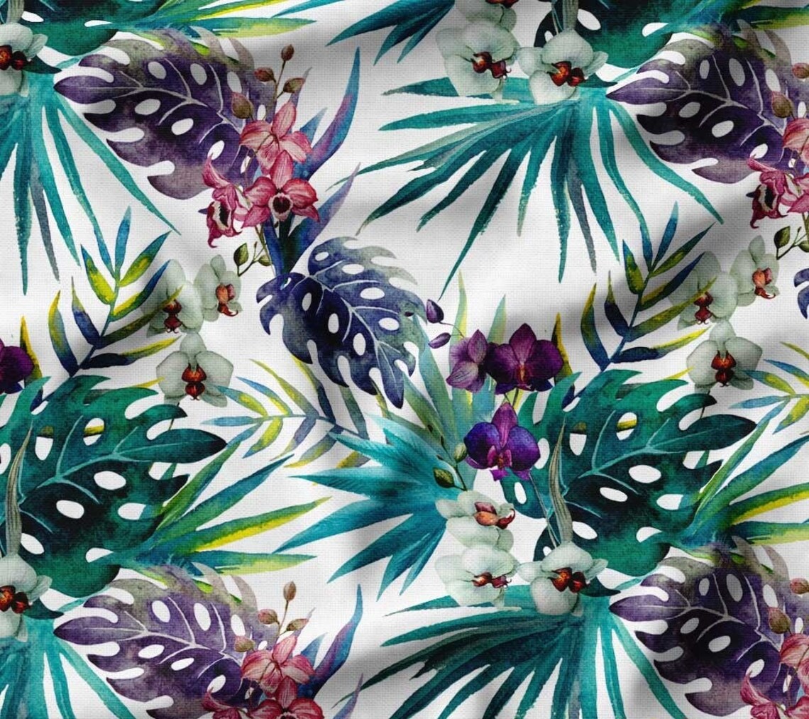 Tropical Upholstery Fabric, Turquoise Purple Leaves Flowers Fabric ...