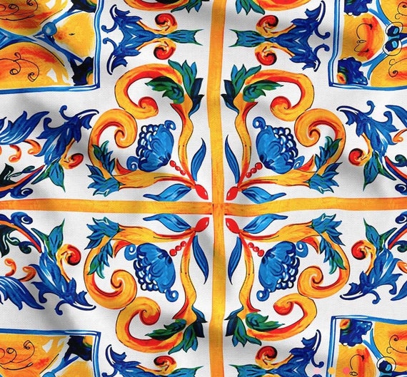 Majolica Pattern Fabric Sicilian Tile Pattern Fabric by the - Etsy