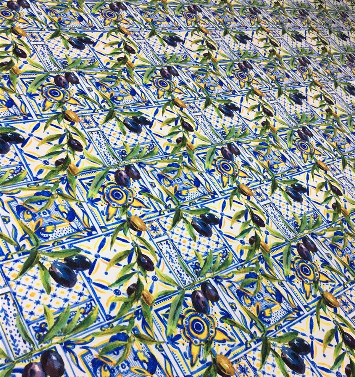 Olive on Italian Ceramic Tile Pattern Fabric, Majolica Mediterranean ...