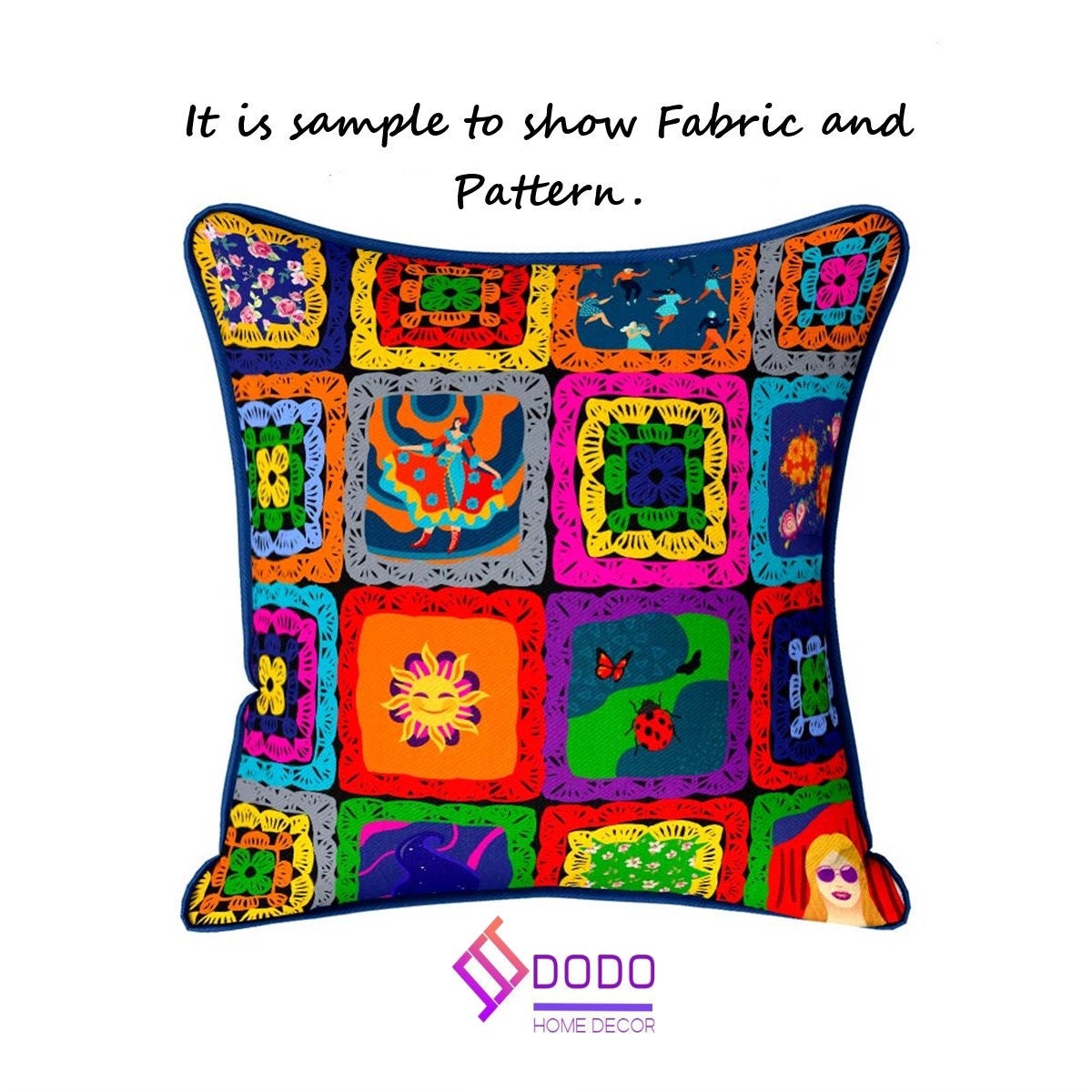 Colorful Patchwork Fabric, Granny Square Crochet Knitting Pattern Print Upholstery Fabric by the ...