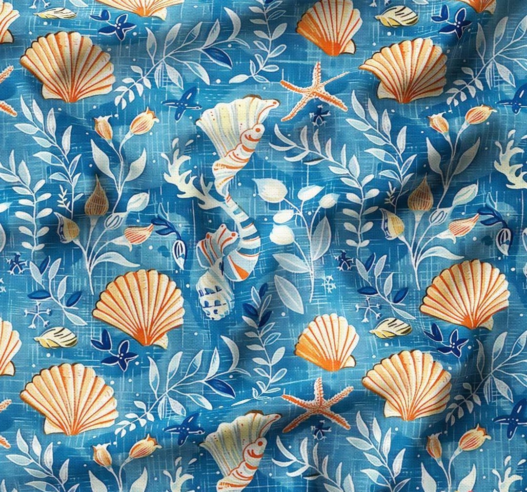 Seashell Coral Print Fabric: Nautical Upholstery, DIY Decor - Etsy