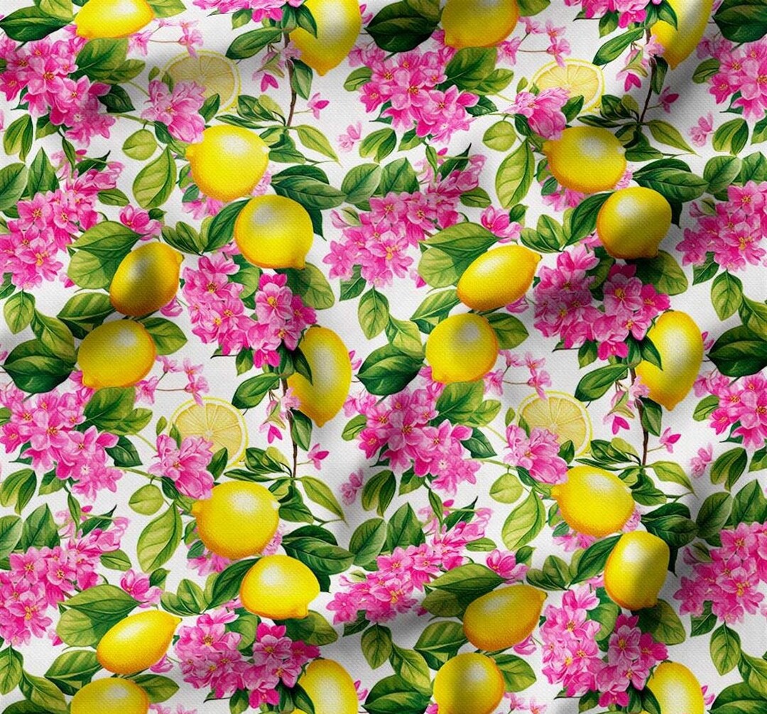 Floral Lemon Garden Upholstery Fabric by the Yard, Fuchsia Flower and ...