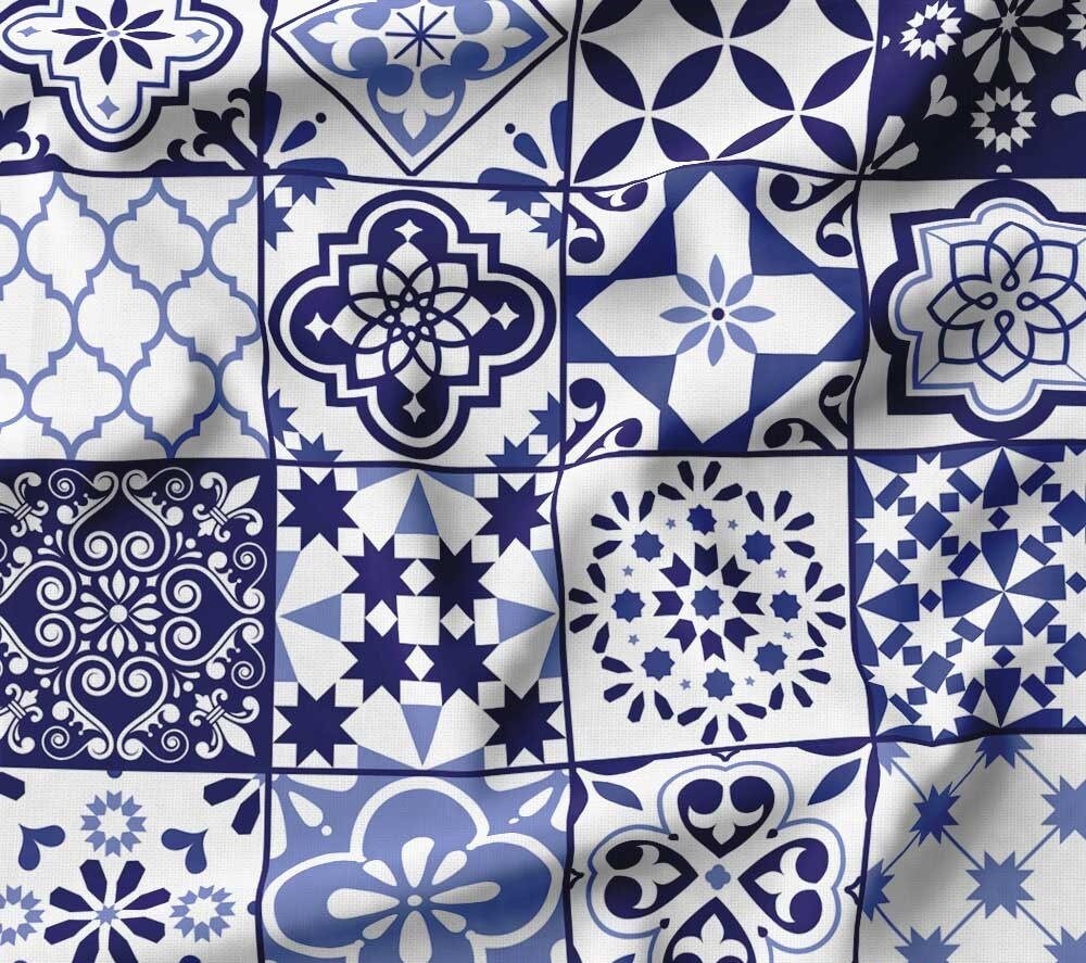 Sicilian Tile Fabric by the Yard, Blue Majolica Mosaic Pattern Fabric ...