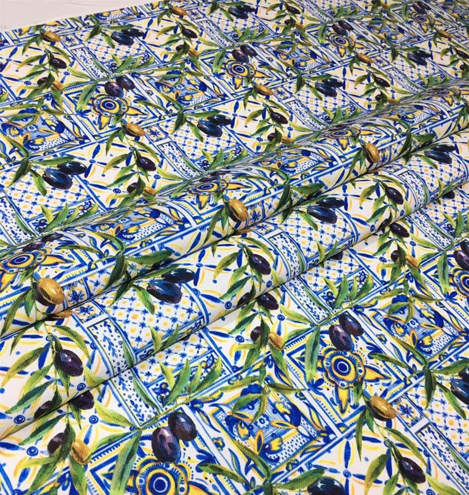 Olive on Italian Ceramic Tile Pattern Fabric, Majolica Mediterranean ...