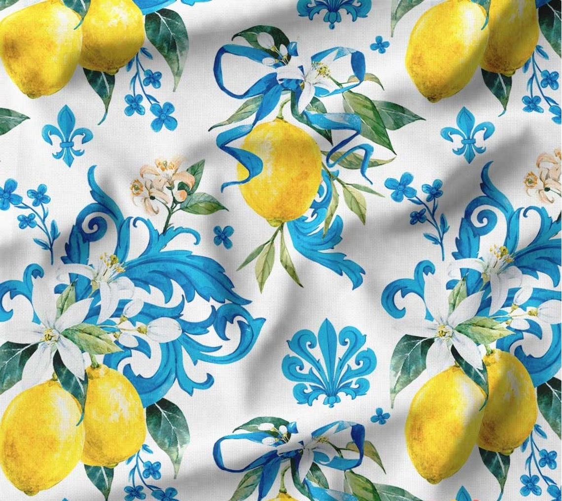 Lemon Print Fabric by the Yard, Baroque Fabric, Lemon With Navy Blue ...