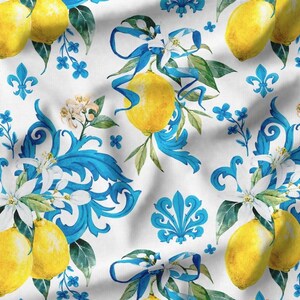 Lemon Print Fabric by the Yard, Baroque Fabric, Lemon With Navy Blue ...