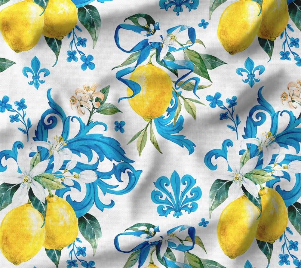 Lemon Print Fabric by the Yard, Baroque Fabric, Lemon With Navy Blue ...