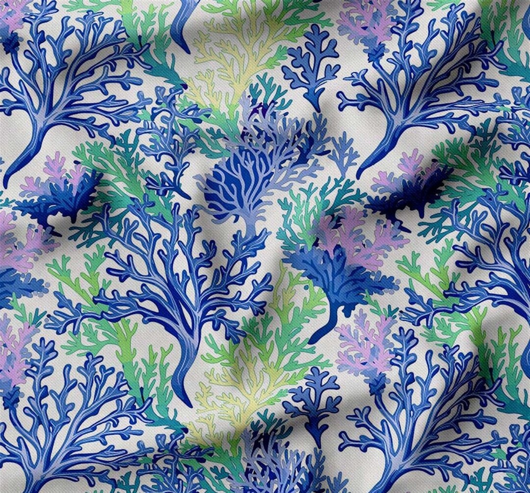 Nautical Fabric, Blue and Green Coral Reef Print Upholstery Fabric ...