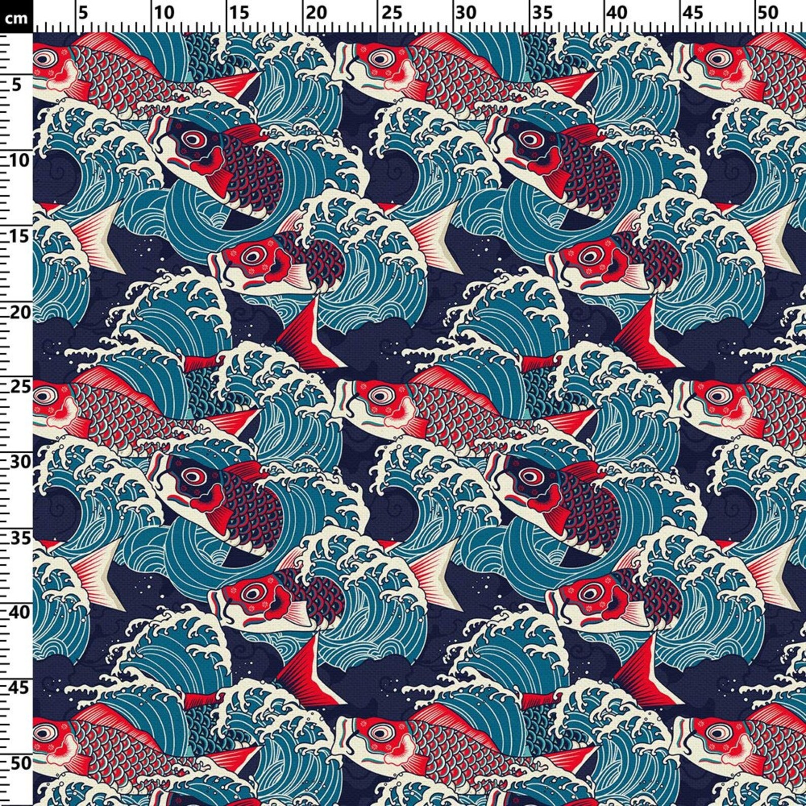 Koi Fish Fabric, Waves and Fish Print Japanese Fabric by the Yard, Blue ...