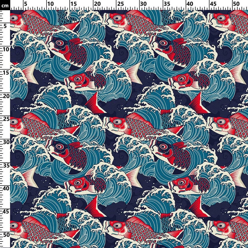 Koi Fish Fabric, Waves and Fish Print Japanese Fabric by the Yard, Blue ...