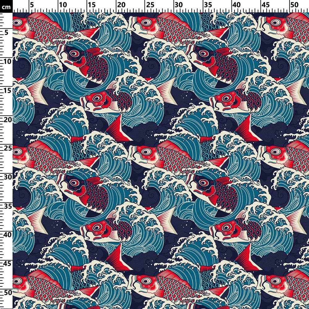 Koi Fish Fabric, Waves and Fish Print Japanese Fabric by the Yard, Blue ...