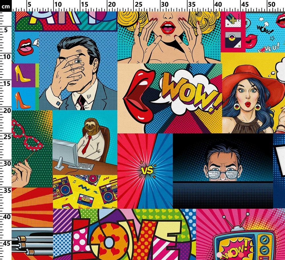 Comic Book Print Fabric, Pop Art, Woman Man Print Upholstery Fabric by ...