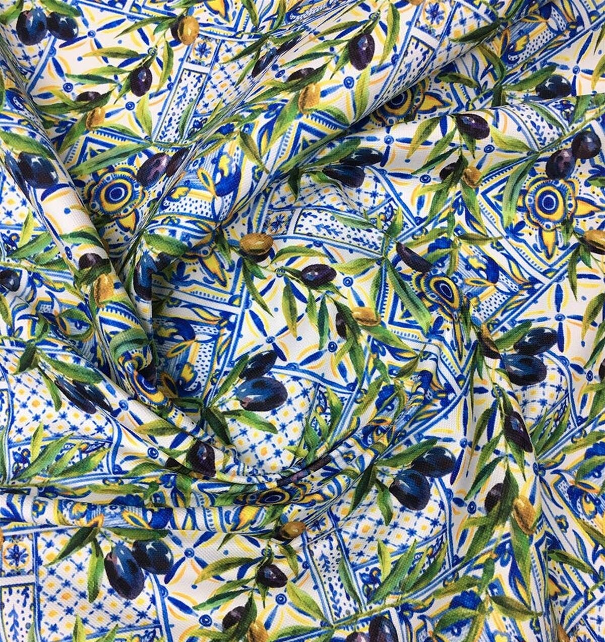 Olive on Italian Ceramic Tile Pattern Fabric, Majolica Mediterranean ...