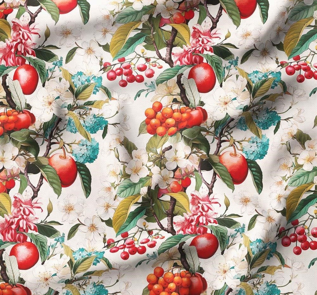 Tilda Style Vintage Orchard Fruit Print Fabric by the Yard, Apple Pear ...