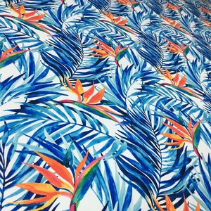 Blue Orange Tropical Leaves Upholstery Fabric, Bird of Paradise Pattern ...