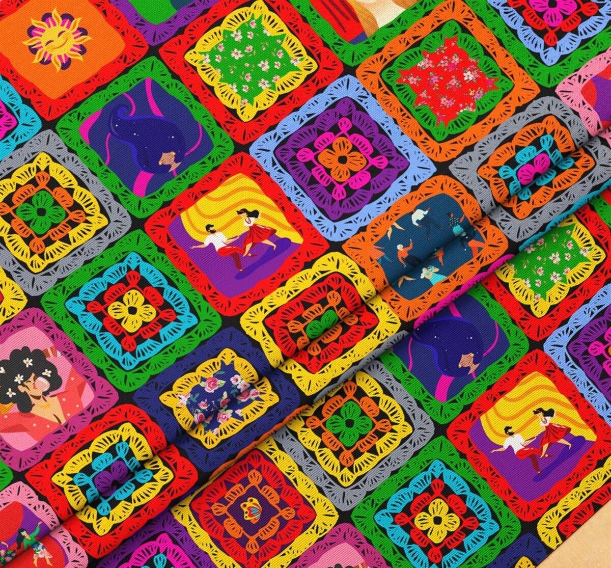 Colorful Patchwork Fabric, Granny Square Crochet Knitting Pattern Print Upholstery Fabric by the ...