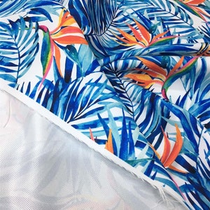 Blue Orange Tropical Leaves Upholstery Fabric, Bird of Paradise Pattern ...