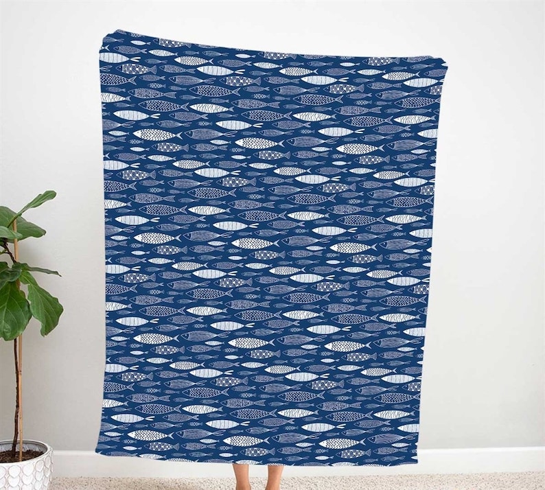 Fish Fabric, Blue Fishes Print Fabric by the Yard, Teal Fabric, Fabric ...