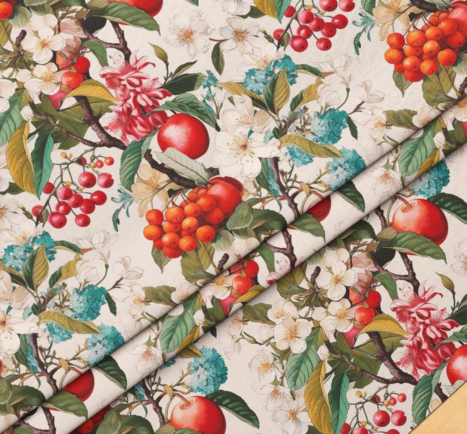 Tilda Style Vintage Orchard Fruit Print Fabric by the Yard, Apple Pear ...