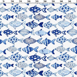 Coastal Fish Upholstery Fabric, Blue Nautical Ocean Print Canvas by the ...