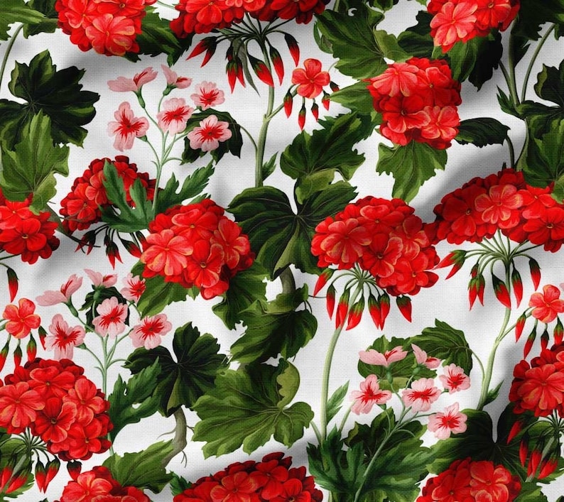 Boho Red Floral Fabric by the Yard, Geranium Flowers Upholstery Fabric ...