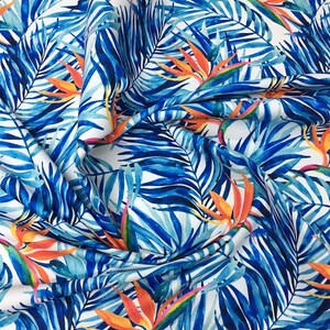 Blue Orange Tropical Leaves Upholstery Fabric, Bird of Paradise Pattern ...