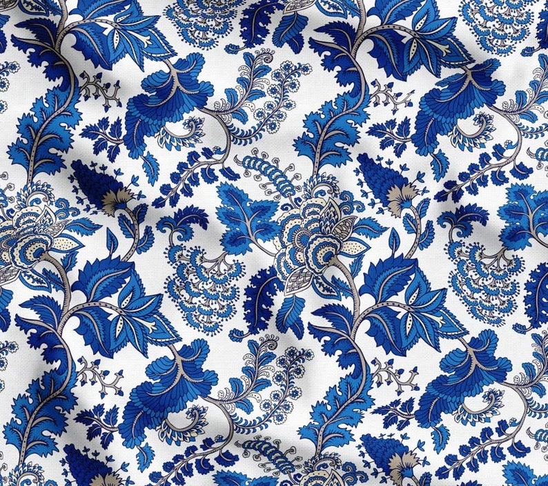 Blue Floral Tapestry Fabric, Vintage Style, Upholstery Fabric by the ...