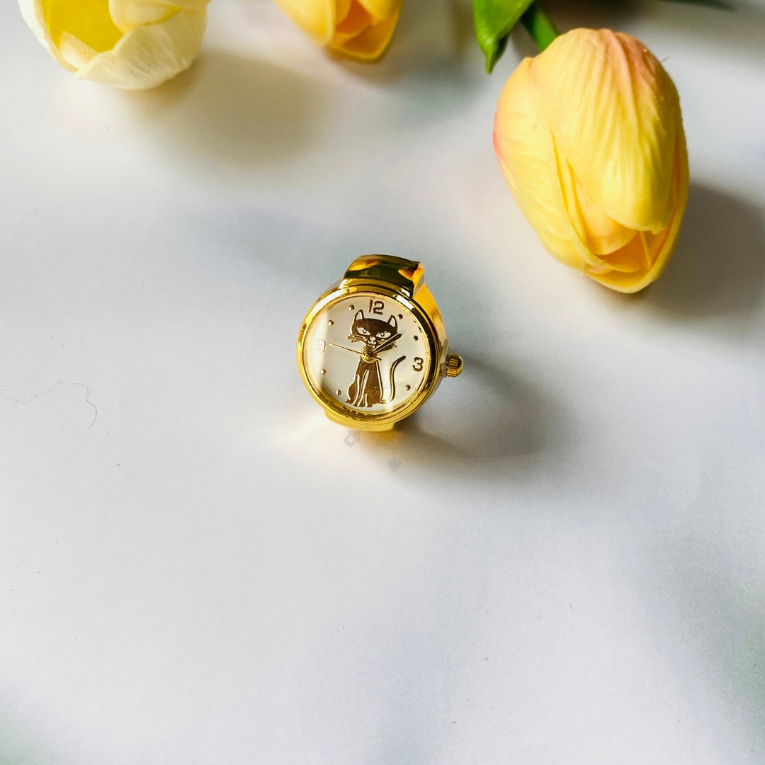 Gold Silver Cat Real Watch Ring, Cute Watch Clock Ring, Round Shape ...