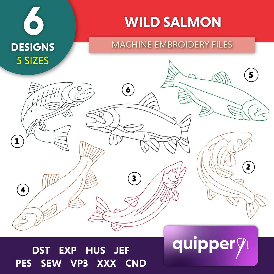 Leaping Wild Salmon Machine Embroidery | Pacific Northwest Fish Stitch ...