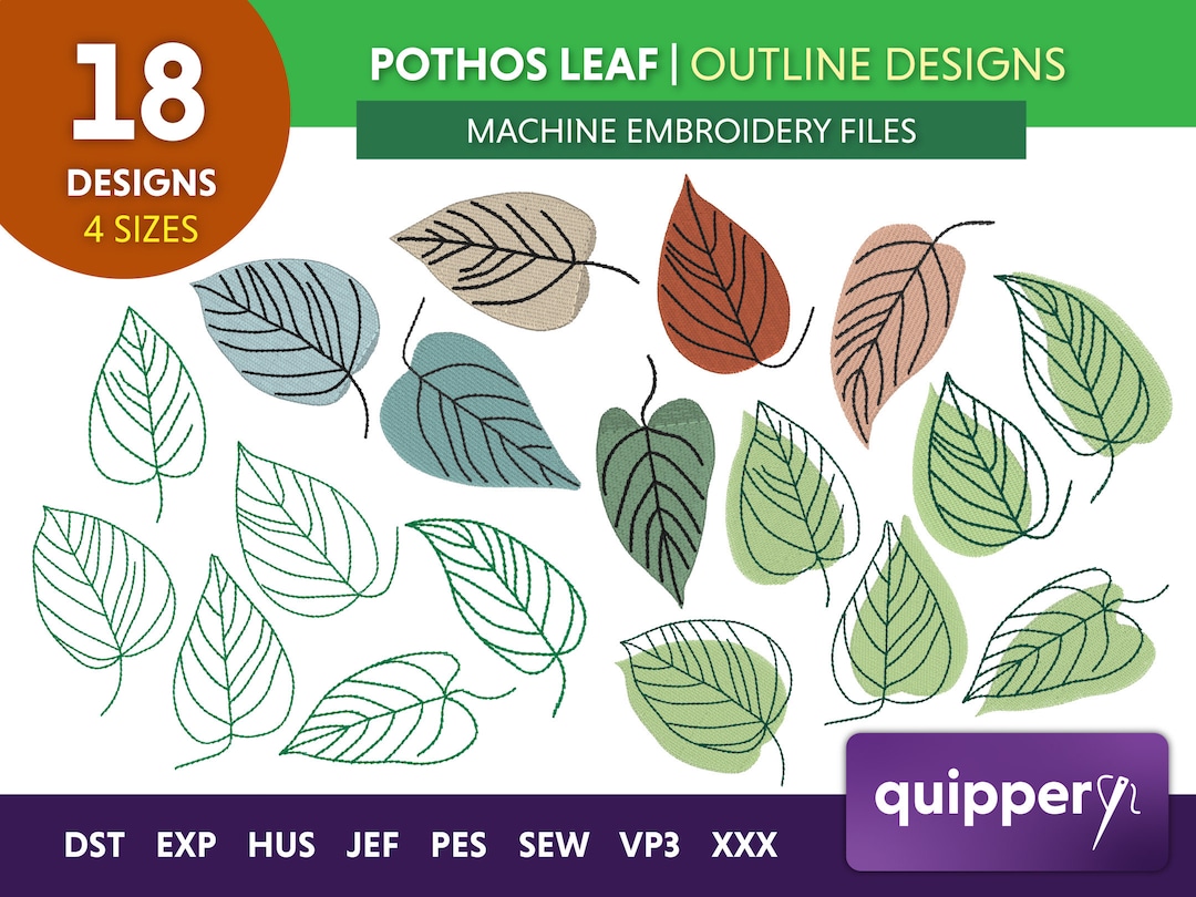 Tropical Leaf Embroidery Pattern: Pothos Plant Design Collection, 16 ...